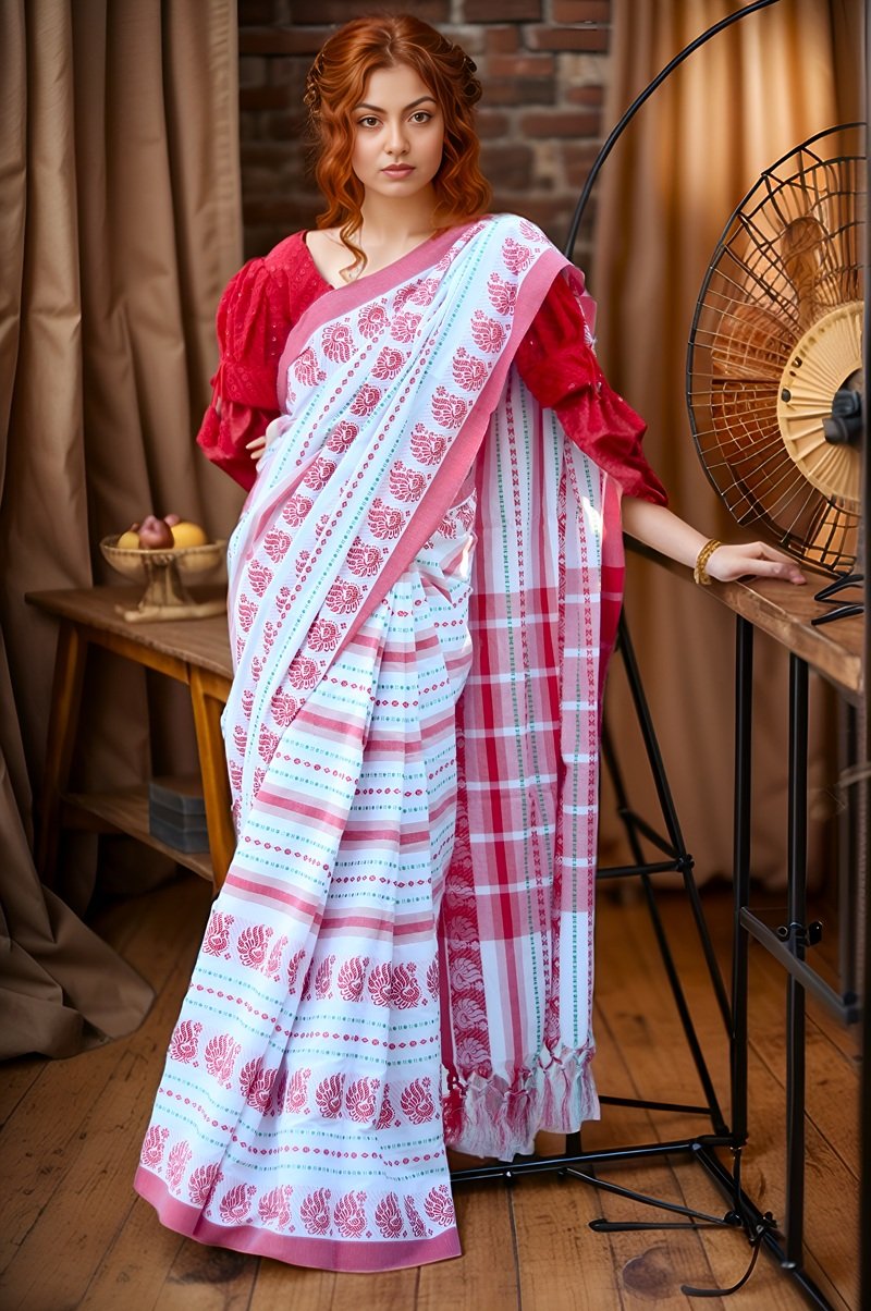 Vintage Bloom with Red Motifs Cotton Saree - Adivasi Shop