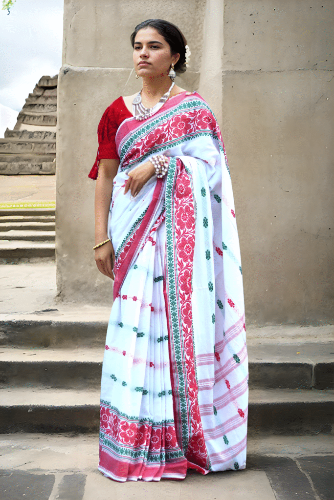 Women Green Rose Buta Border Handloom Saree - Adivasi Shop