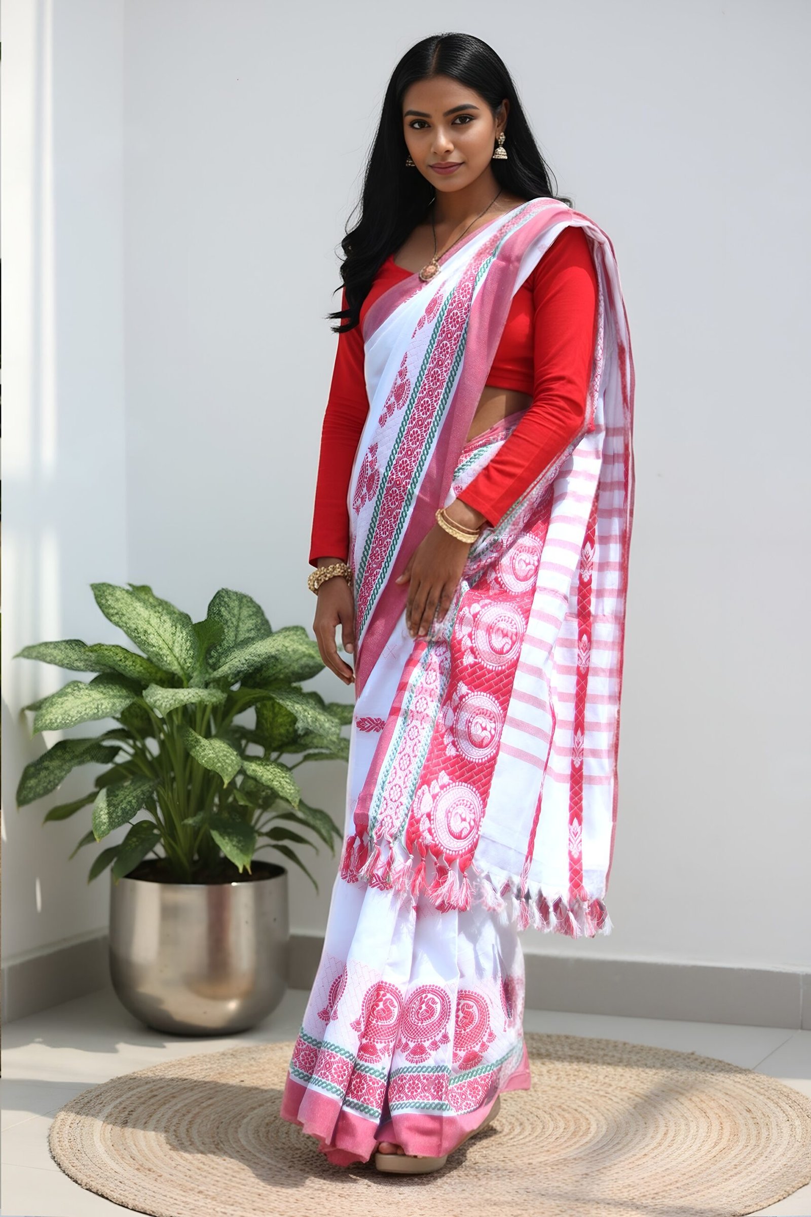 White Saree with Red Border: Soft & Smooth Fabric