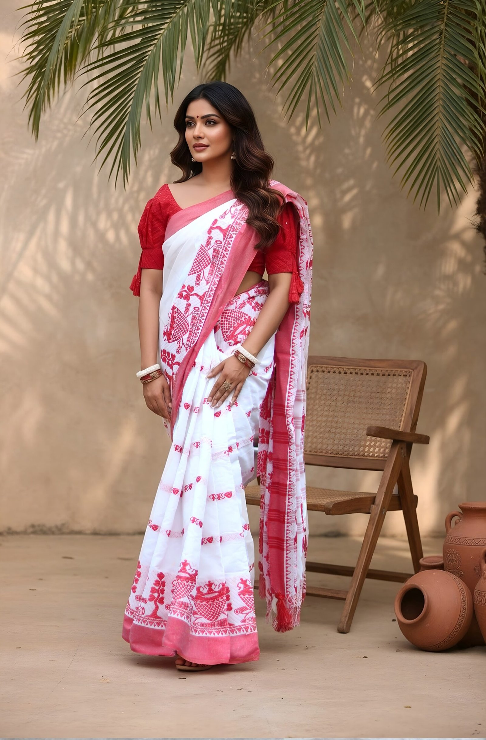 White Saree with Red Border – Elegant Cotton Fabric